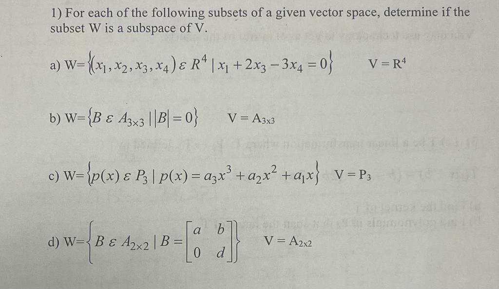 Solved 1) For each of the following subsets of a given | Chegg.com