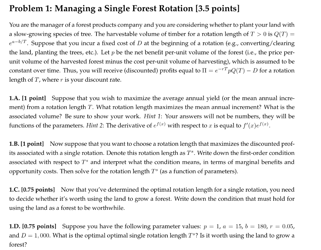 Problem 1: Managing a Single Forest Rotation (3.5 | Chegg.com