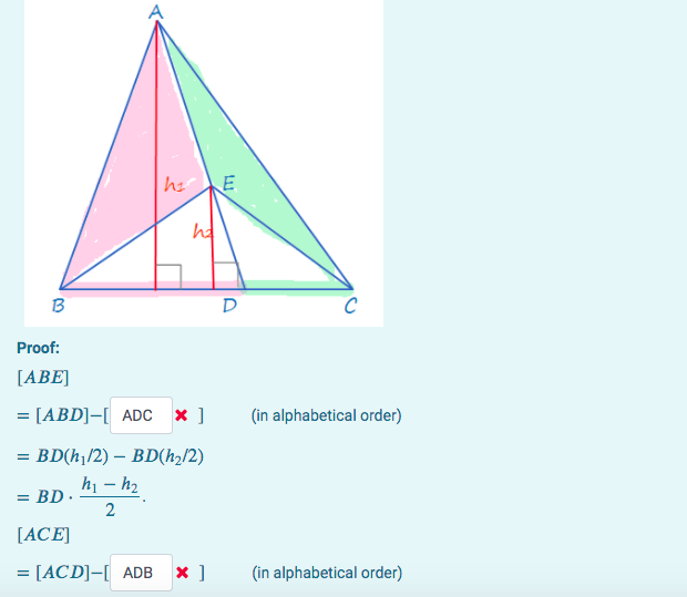 Solved hi E he B D с Proof: [ABE] = [ABD]-[ ADC X ] (in | Chegg.com