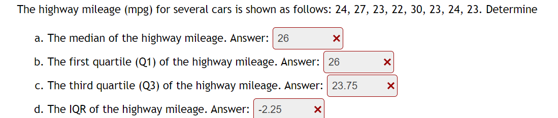 Solved The highway mileage (mpg) for several cars is shown | Chegg.com