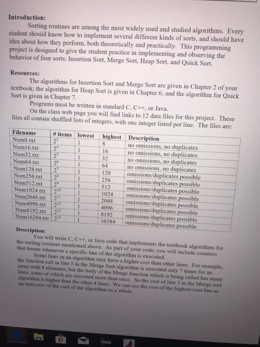 Solved Introduction: Sorting routines are among the most | Chegg.com