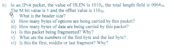 Solved b) In an IPv4 packet, the value of HLEN is 10102, the | Chegg.com