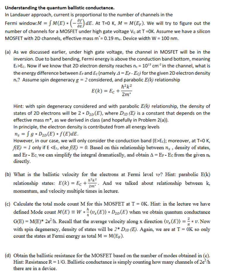 Understanding the quantum ballistic conductance. In | Chegg.com