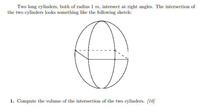 Solved Two long cylinders, both of radius 1 m, intersect at | Chegg.com