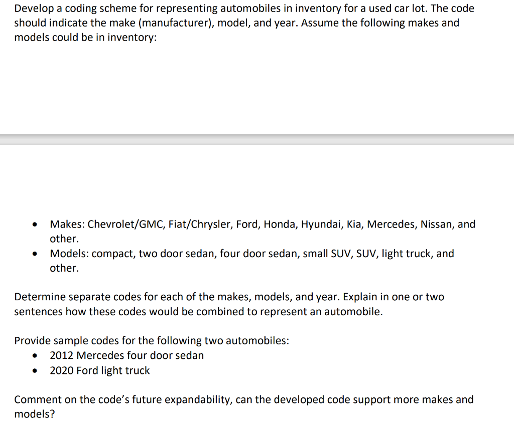 Solved Develop a coding scheme for representing automobiles | Chegg.com