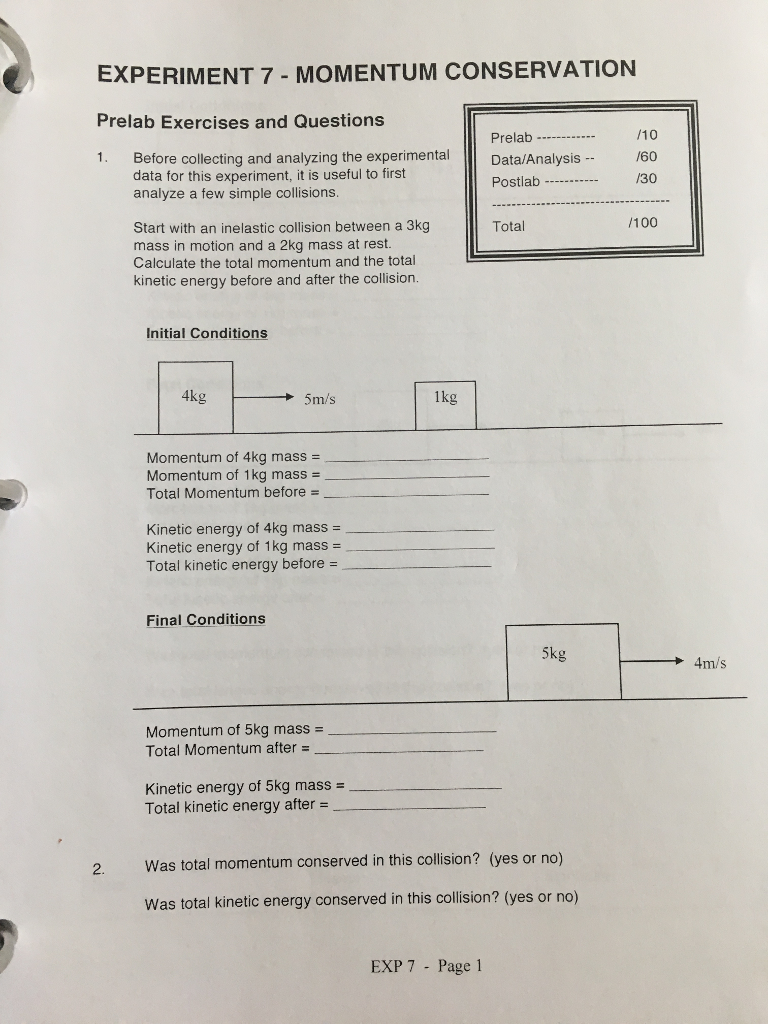 Solved EXPERIMENT 7 MOMENTUM CONSERVATION Prelab Exercises | Chegg.com
