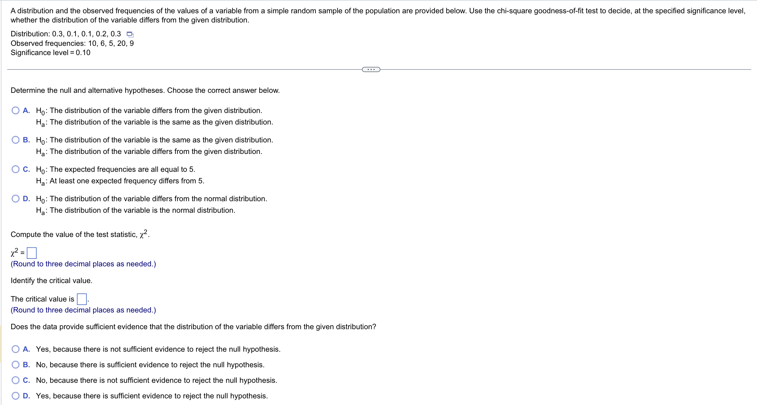 Solved whether the distribution of the variable differs from | Chegg.com