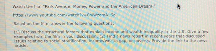 Watch the film "Park Avenue: Money, Power and the | Chegg.com