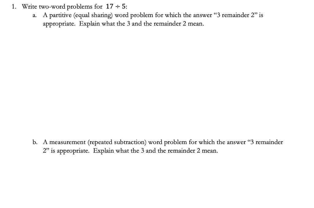Solved 1. Write two-word problems for 17 = 5: a. A partitive | Chegg.com