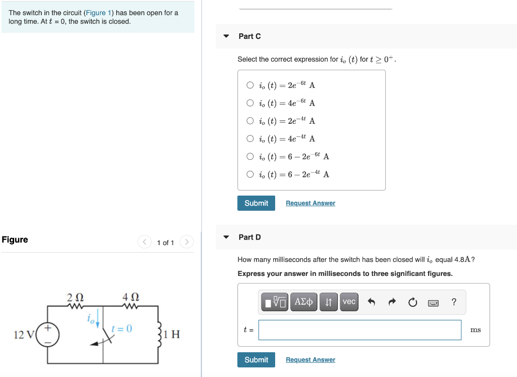 Solved The switch in the circuit (Figure 1) has been open | Chegg.com