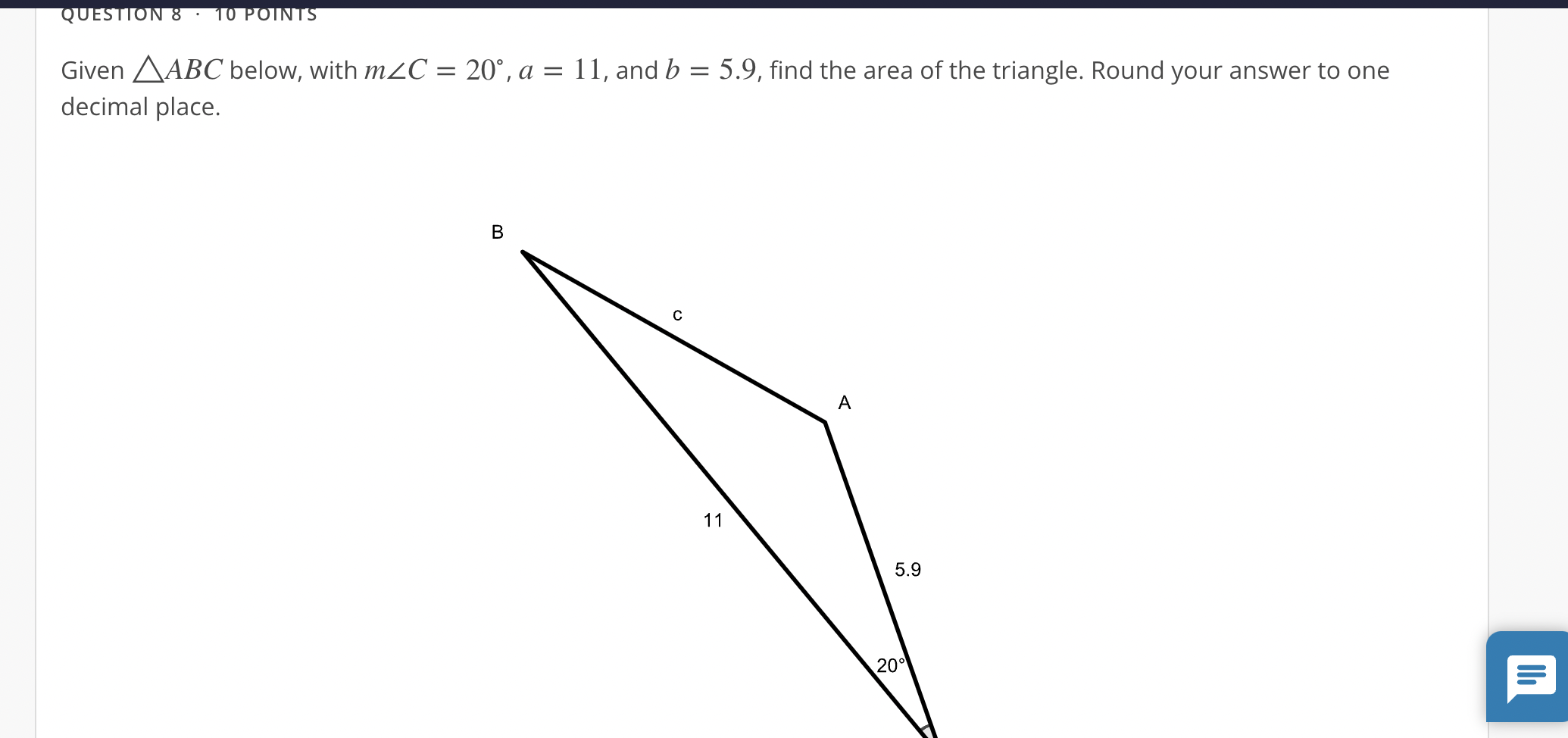 Solved Given ABC below, with m∠C=20∘,a=11, and b=5.9, find | Chegg.com