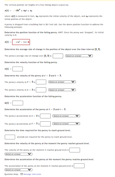 Solved The vertical position for height of a free falling | Chegg.com