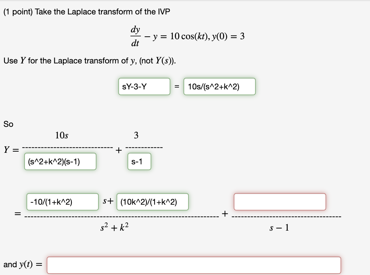 Solved (1 point) Take the Laplace transform of the IVP dy dt | Chegg.com