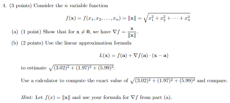 Solved 4. (3 points) Consider the n variable function | Chegg.com