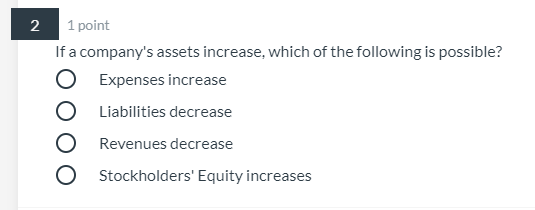 Solved 2 1 point If a company's assets increase, which of | Chegg.com