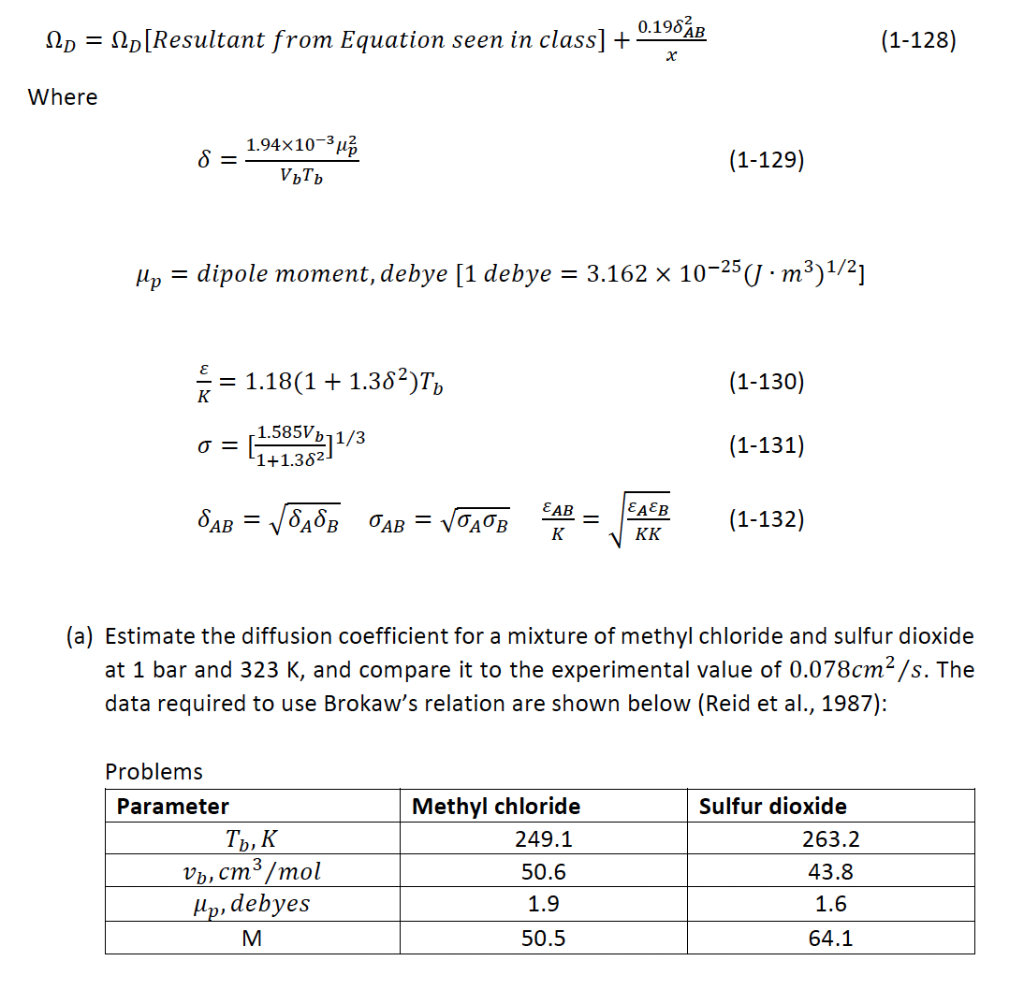 Solved Problema 1 Diffusivity of polar gases If one or | Chegg.com