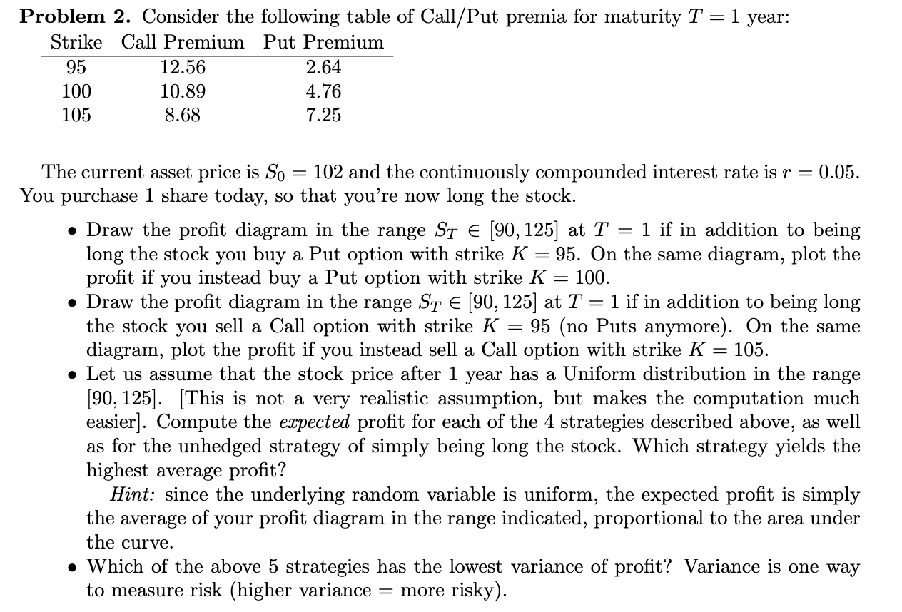Solved Problem 2. Consider the following table of Call/Put | Chegg.com