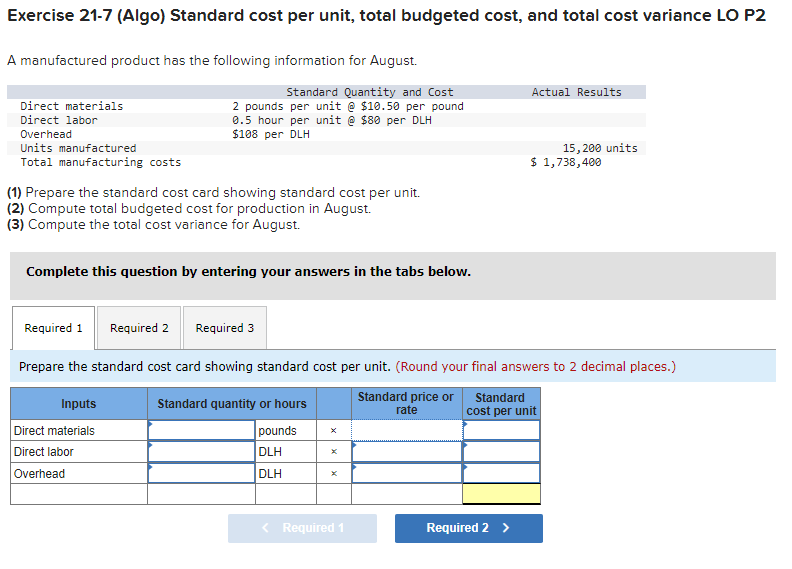 Solved Exercise 21-7 (Algo) Standard cost per unit, total | Chegg.com
