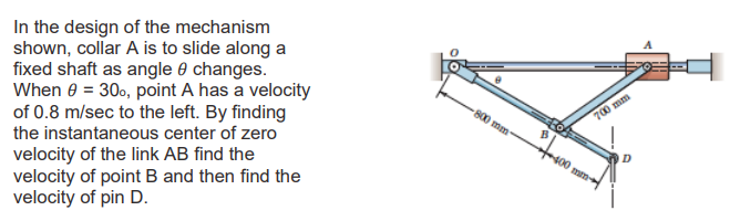 Solved In the design of the mechanism shown, collar A is to | Chegg.com