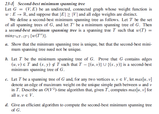 23-1 ﻿Second-best minimum spanning treeLet G=(V,E) | Chegg.com