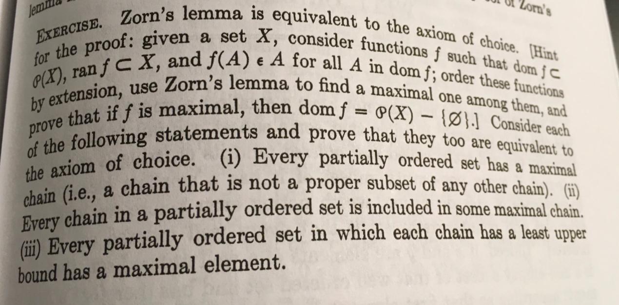 Solved EXERCISE. Zorn's lemma is equivalent to the axiom of | Chegg.com