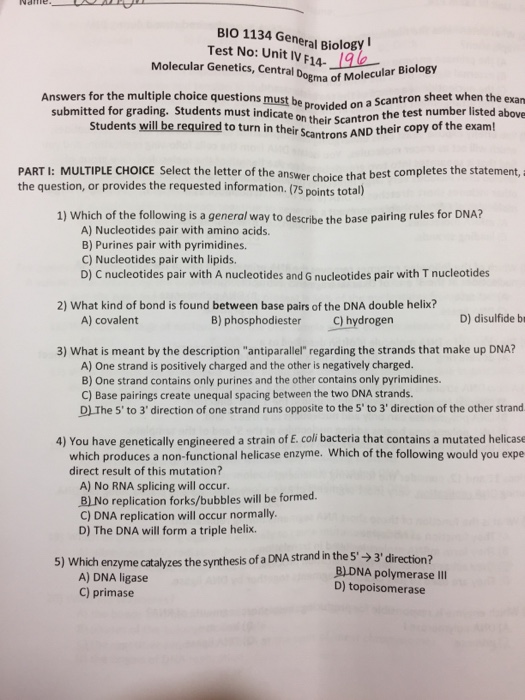 Solved BIO 1134 General Biology Test No: Unit IV F14 | Chegg.com