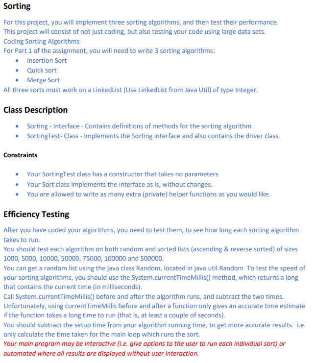 Sorting For this project, you will implement three | Chegg.com