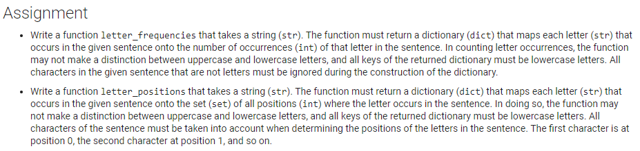 Solved Assignment Write a function letter_frequencies that | Chegg.com