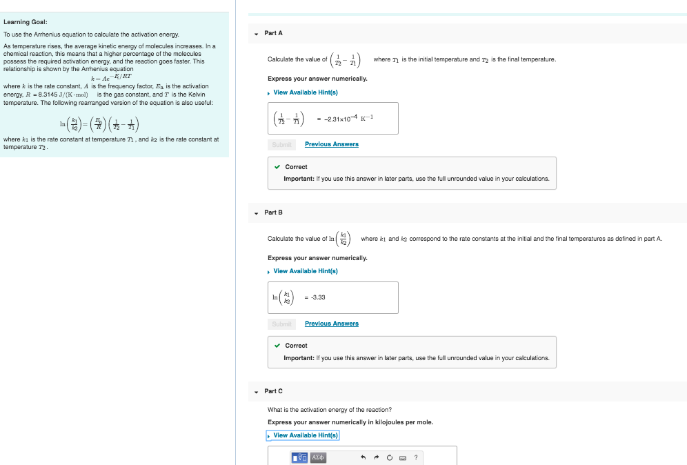 Solved - Part A Learning Goal: To use the Arrhenius equation | Chegg.com