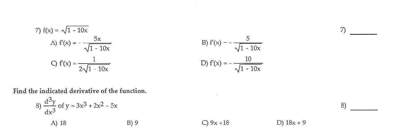 Solved 7) f(x)=1−10x 1) f′(x)=−1−10x5x B) f′(x)−−1−10x5 C) | Chegg.com