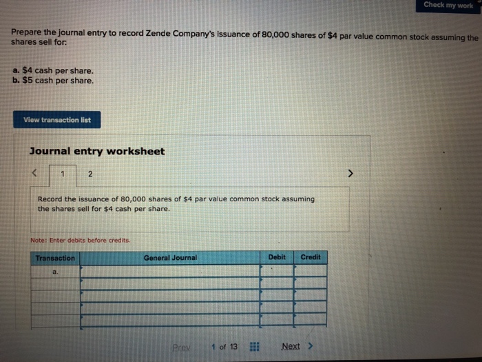 Solved Check my work Prepare the journal entry to record | Chegg.com