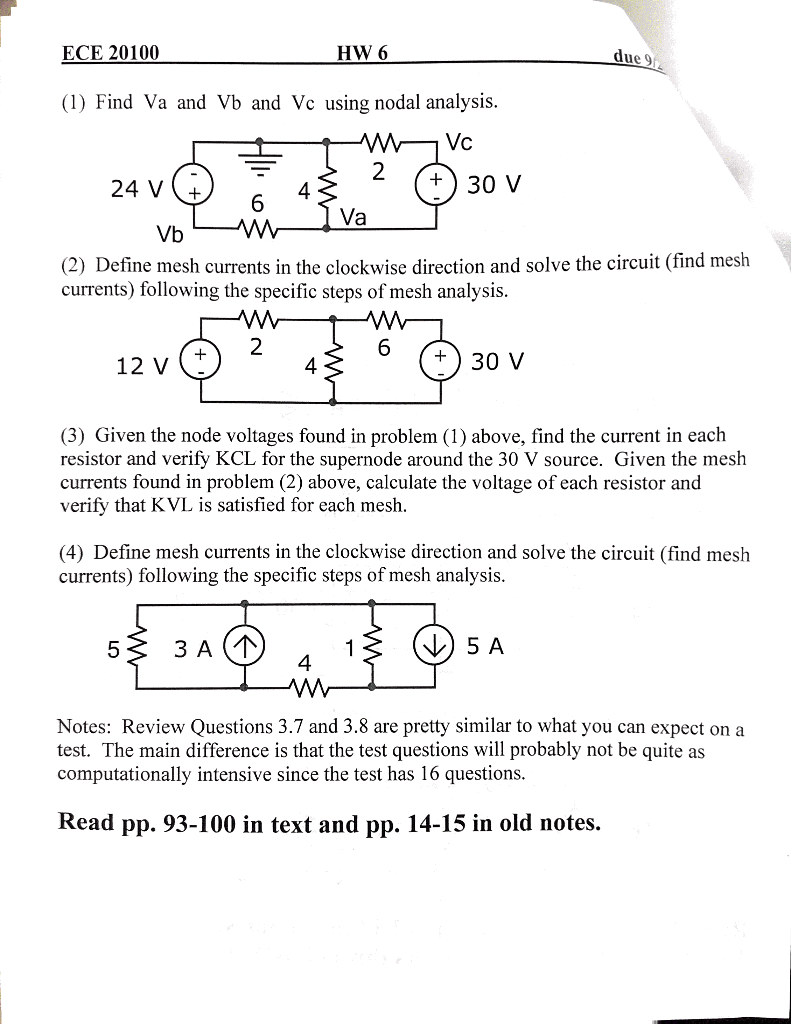 Solved ECE 20100 HW 6 due 9 (1) Find Va and Vb and Vc using | Chegg.com
