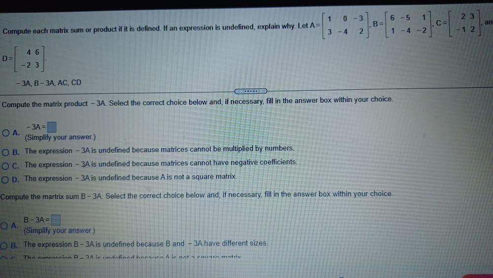 Solved Compute each matrix sum or product if it is defined. | Chegg.com