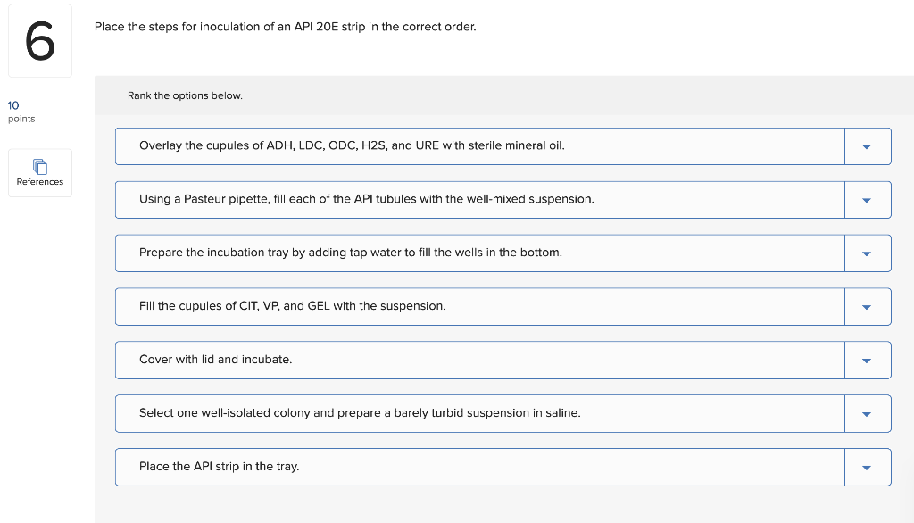 Solved 6 Place the steps for inoculation of an API 20E strip | Chegg.com