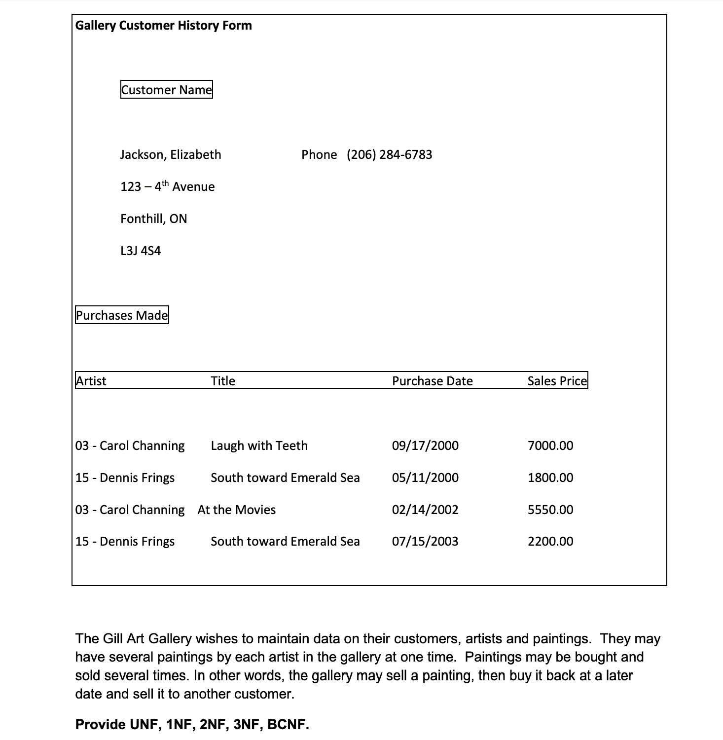 Solved Gallery Customer History Form Customer Name Jackson, | Chegg.com