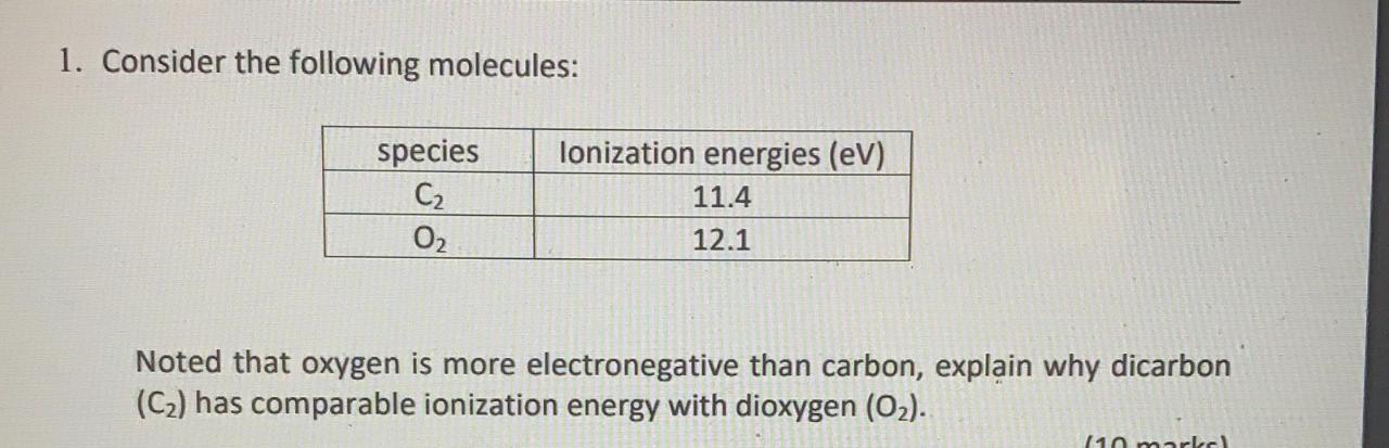 Solved 1. Consider the following molecules: species C2 02 | Chegg.com