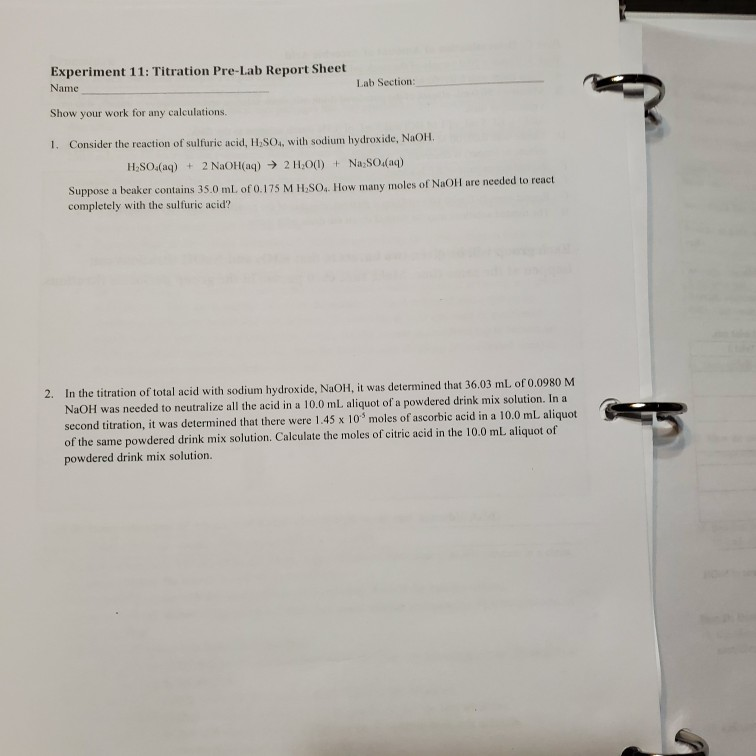 Solved Experiment 11: Titration Pre-Lab Report Sheet Name | Chegg.com