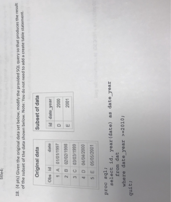 Solved title4: 18. (4 pts) Given the original data set | Chegg.com