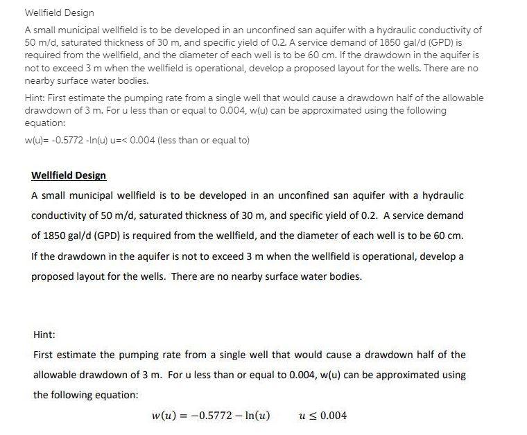 Solved Wellfield Design A small municipal wellfield is to be | Chegg.com