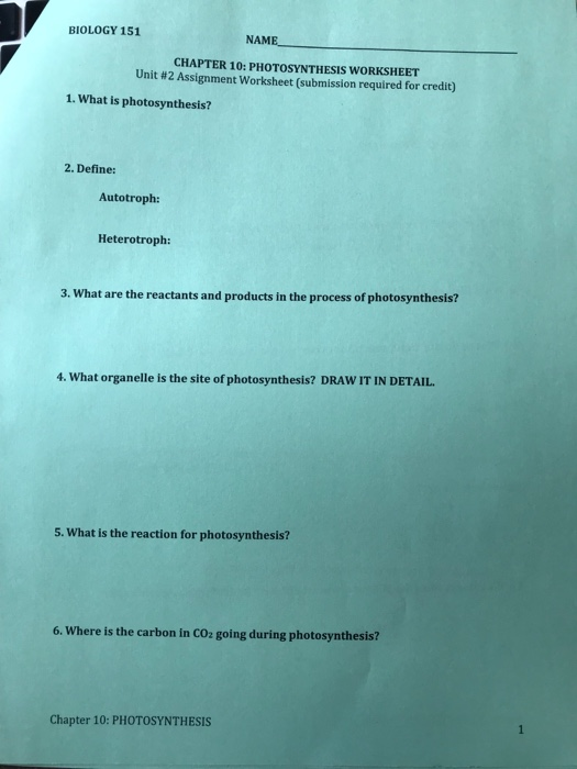 Solved BIOLOGY 151 NAME CHAPTER 10: PHOTOSYNTHESIS WORKSHEET | Chegg.com
