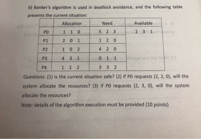 Solved 6) Banker's algorithm is used in deadlock avoidance, | Chegg.com