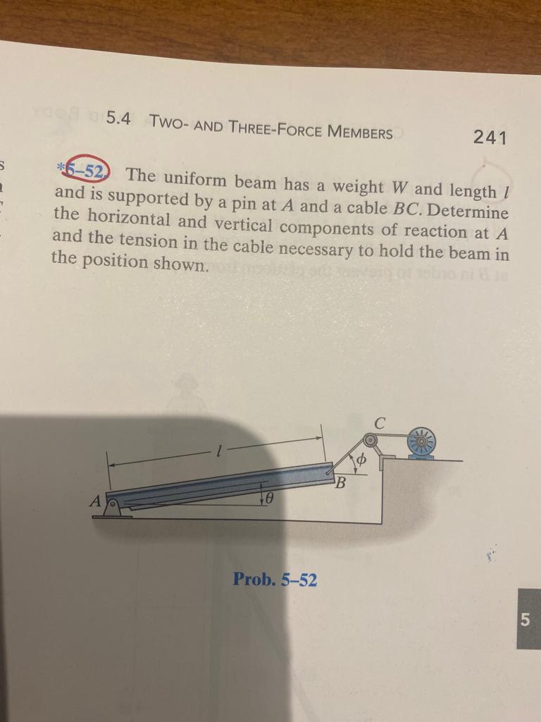 Solved *6-52. The uniform beam has a weight W and length l | Chegg.com