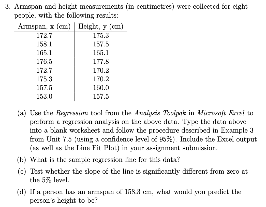 Solved 3. Armspan and height measurements (in centimetres) | Chegg.com
