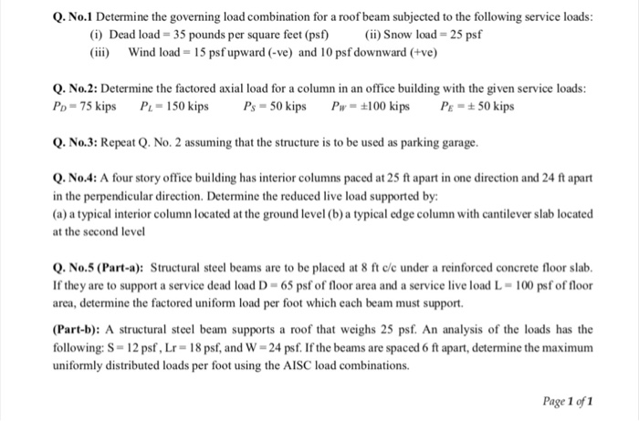 Solved Q. No.1 Determine the governing load combination for | Chegg.com