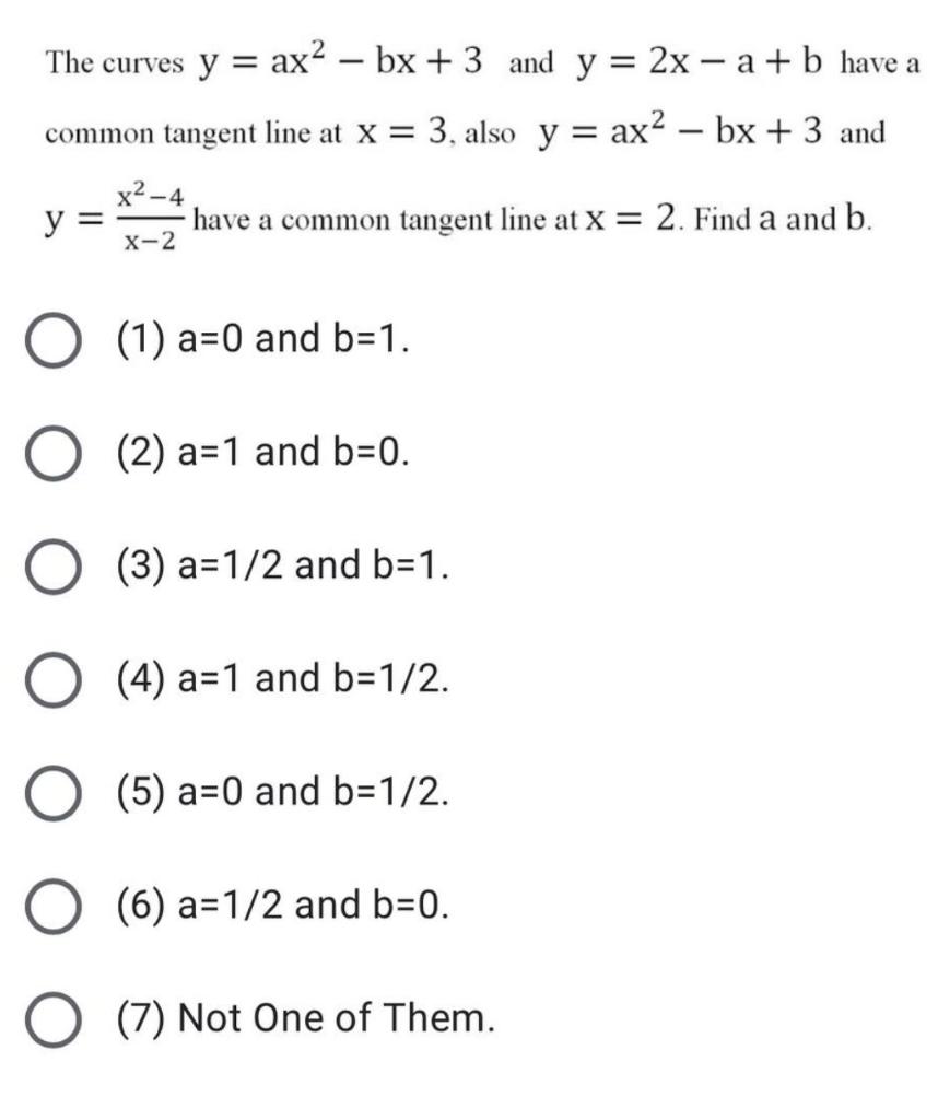 Solved The curves y = ax? – bx + 3 and y = 2x – a + b have a | Chegg.com