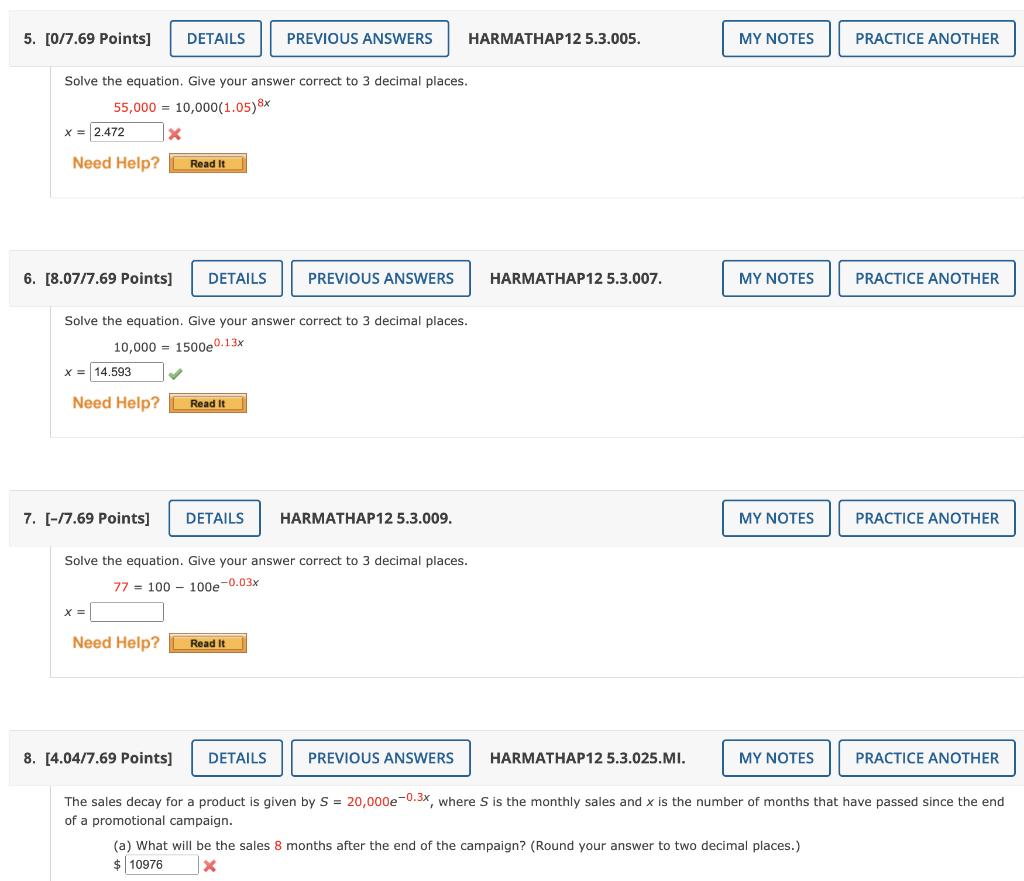 Solved 5. [0/7.69 Points] DETAILS x = 2.472 Solve the | Chegg.com