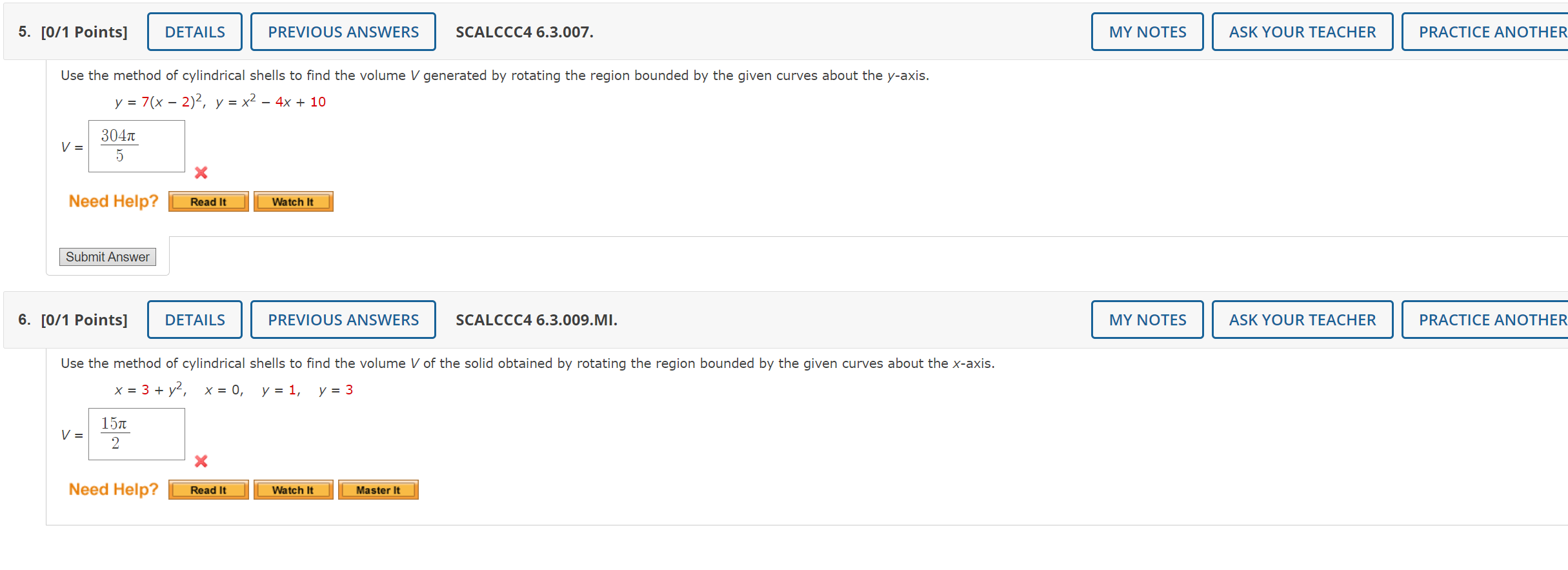 Solved [0/1 Points] SCALCCC4 6.3.007. Use the method of | Chegg.com