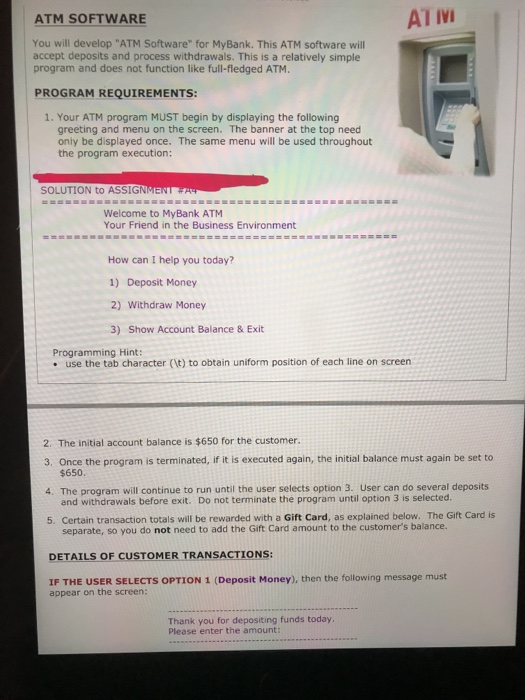 Solved AT IV ATM SOFTWARE You will develop "ATM Software" | Chegg.com