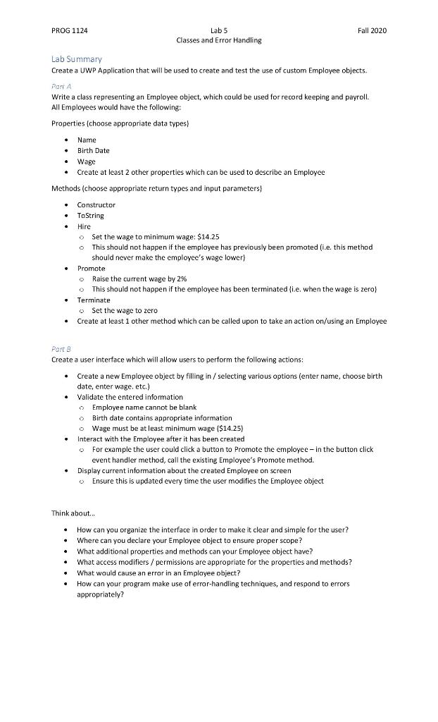 PROG 1124 Fall 2020 Lab 5 Classes and Error Handling | Chegg.com