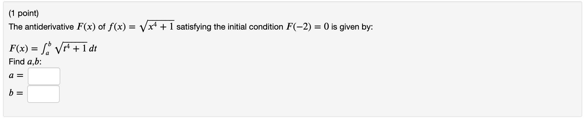 Solved (1 point) The antiderivative F(x) of f(x) = V x4 + 1 | Chegg.com